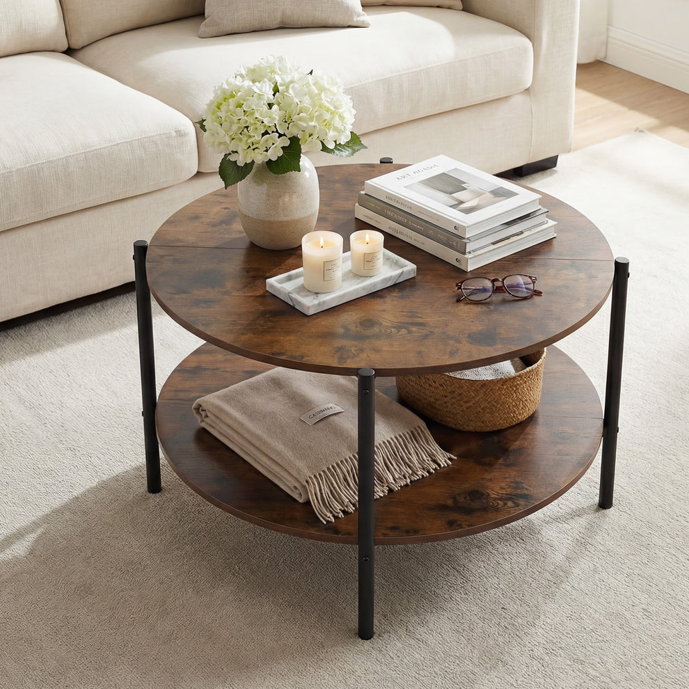 2-Tier Industrial Round Coffee Table with Open Storage Shelf-Rusitc Br ...