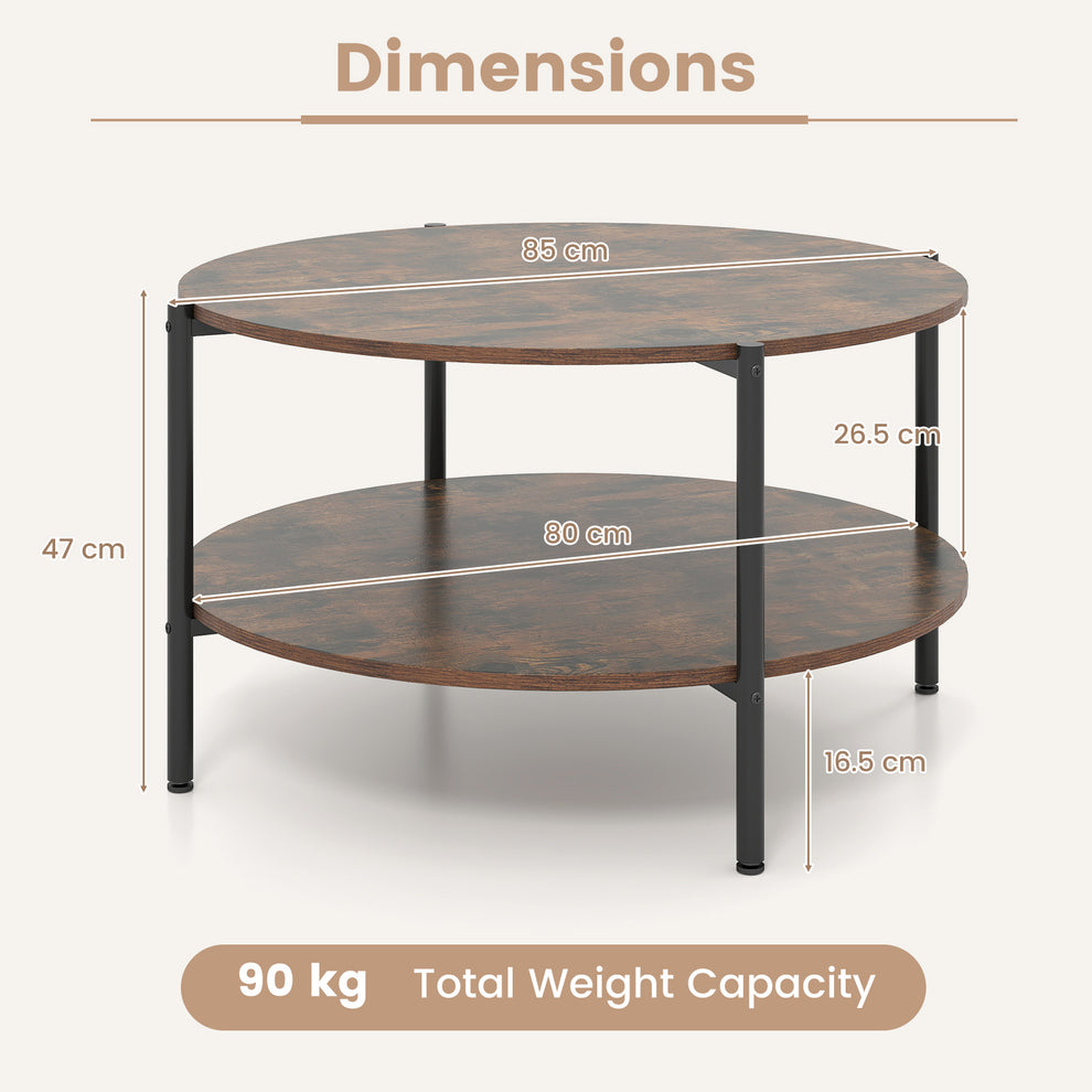 2-Tier Industrial Round Coffee Table with Open Storage Shelf-Rusitc Br ...